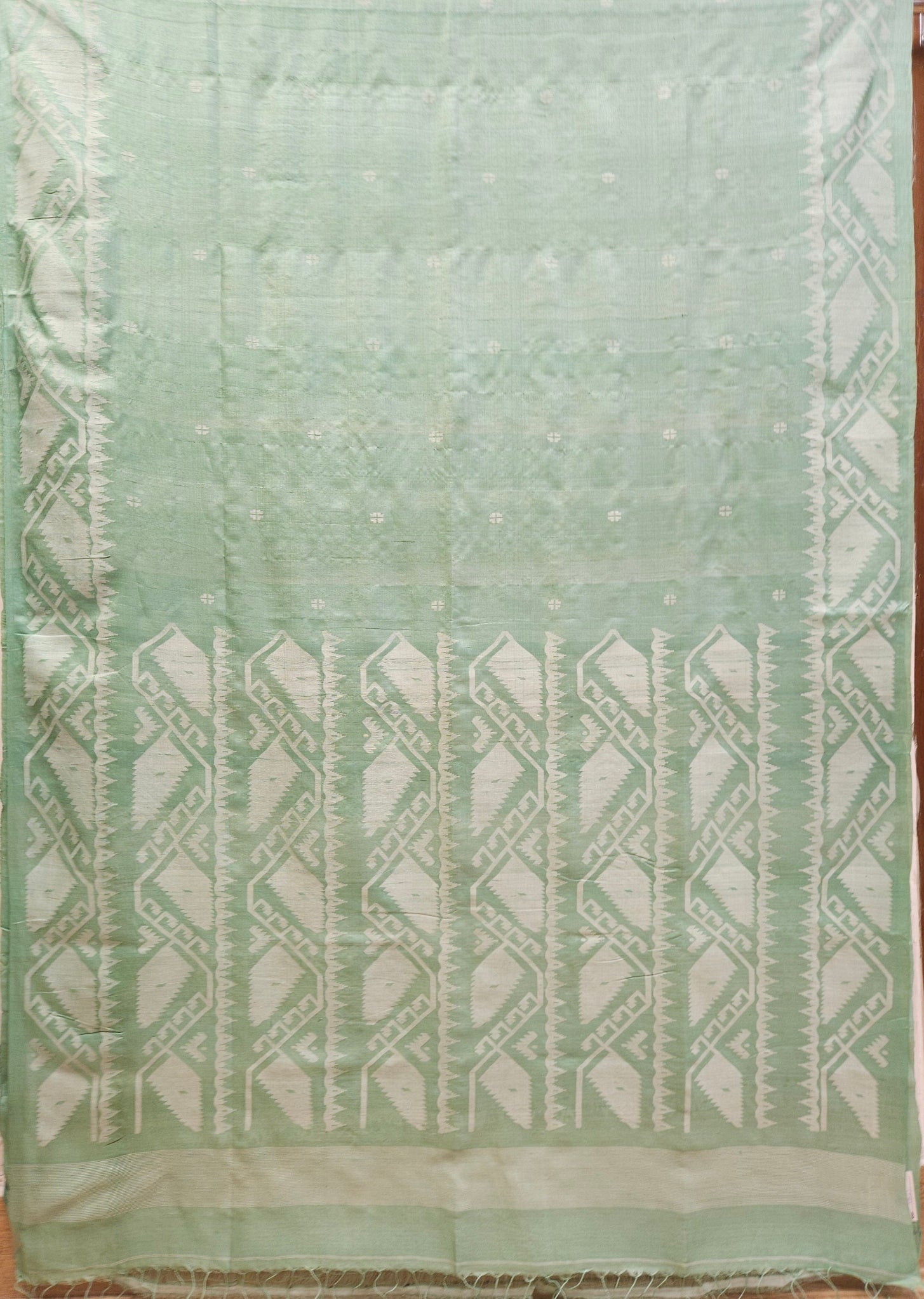 Balaram Saha: Pastel Green Gachhi Tussar Jamdani Saree- A Handwoven Ge