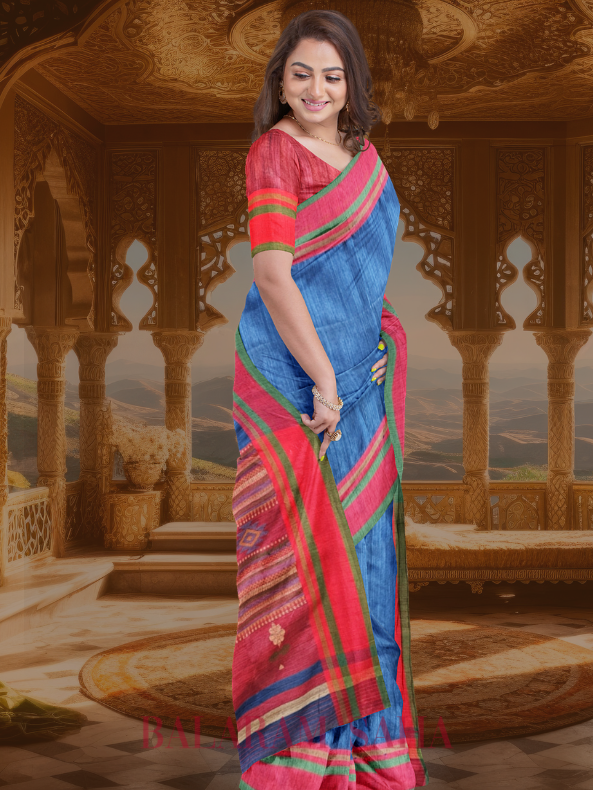 Balaram Saha: Vibrant Elegance in Blue and Red Matka Silk