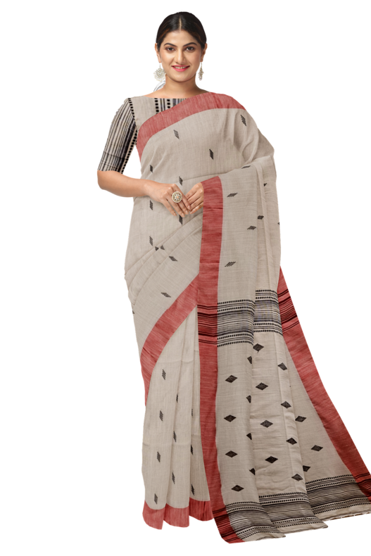 Beige & Red/Black Handloom Soft Cotton Saree – Balaram Saha