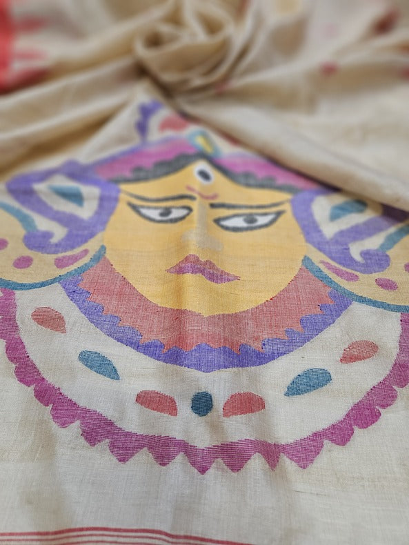 Pure Handloom Gachhi Tussar Silk Jamdani Saree with Intricate Maa Durg ...