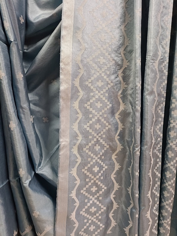 Balaram Saha: Heritage Handwoven: Light Blue & White Katan Silk Jamdan