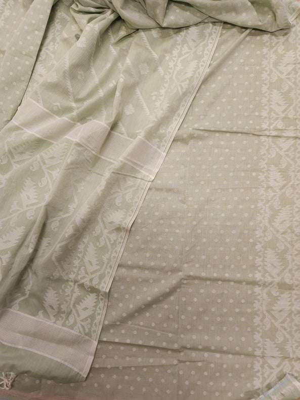 Light Green Cotton Jamdani 2 Piece Unstitch Set: Fresh & Floral by Bal ...