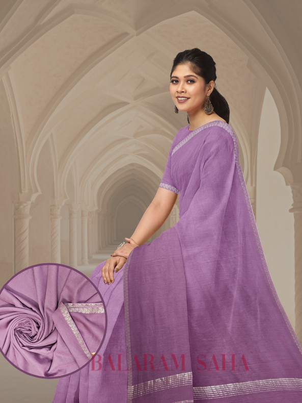 Balaram Saha's Mauve Quality Soft Handloom Mul Cotton Saree With Silve