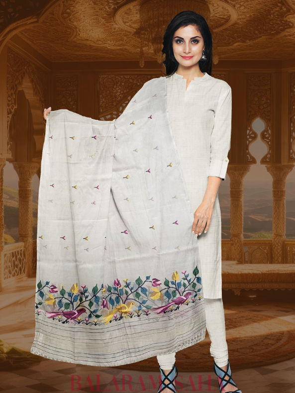Multicolor Bird & Floral Jamdani Muslin Silk Dupatta by Balaram Saha