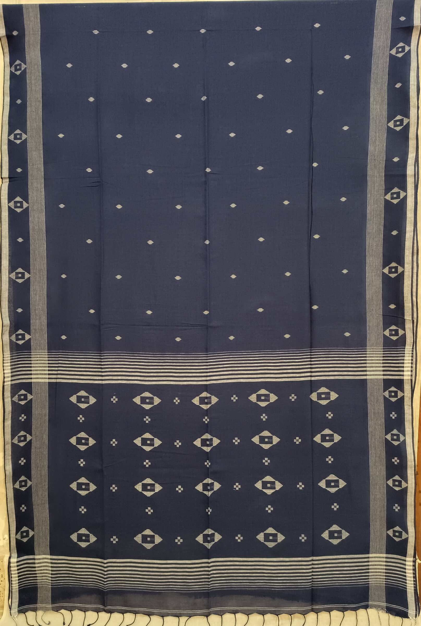Navy Blue & White Handspun HandwovenCotton JamdaniSaree – Balaram Saha