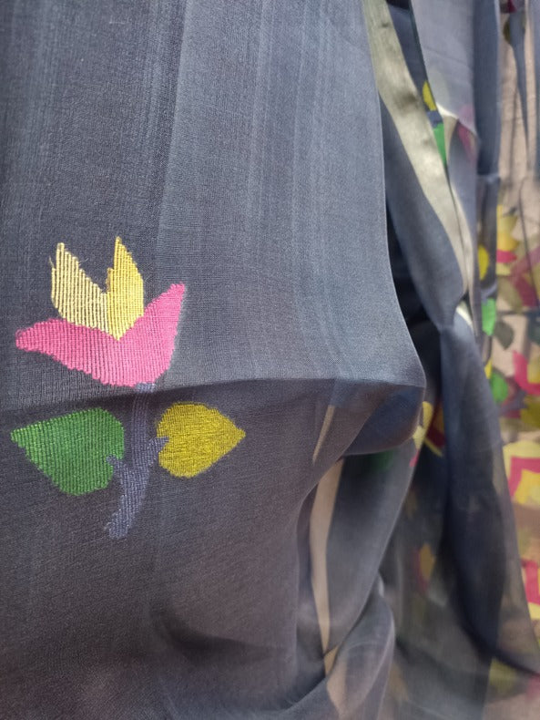 Timeless Navy Blue Handloom Muslin Silk Jamdani Saree - Balaram Saha