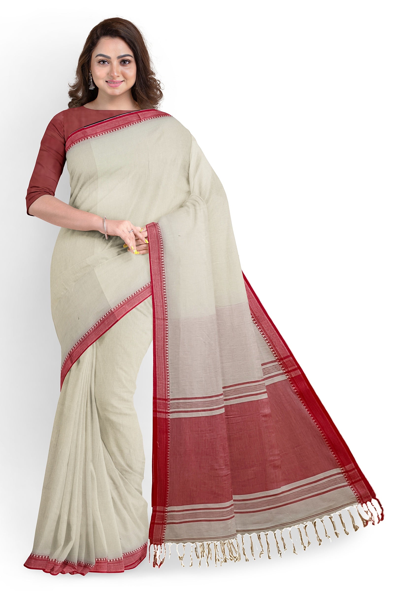 Off-White & Red Handloom Cotton Saree with Red Border by Balaram Saha