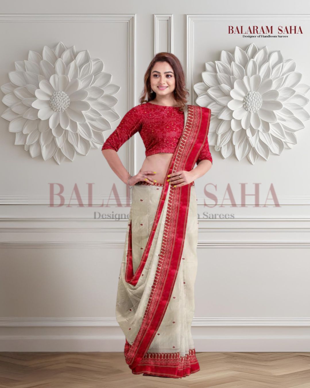 White & Red Handloom Traditional Gard Silk Saree_Balaram Saha