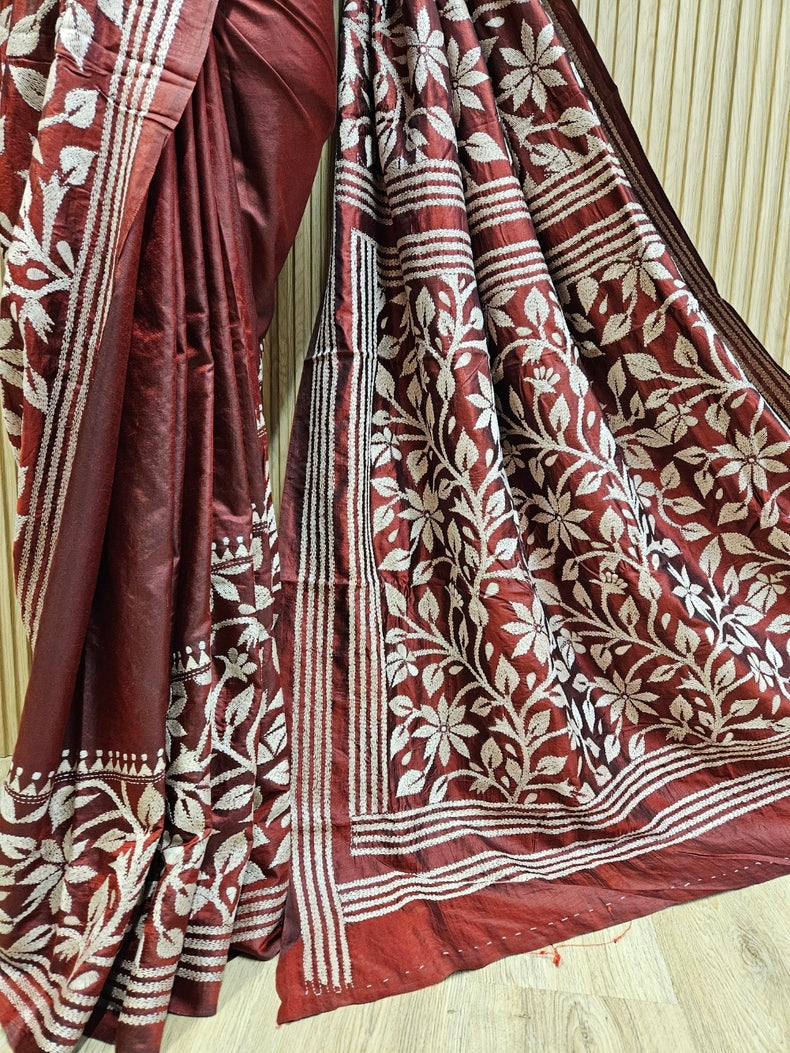 Exclusive Balaram Saha Maroon & Biege Pure Handstitch Kantha Silk Sare
