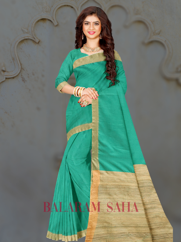 Serene Serenity: Balaram Saha's Sea Green Handloom Cotton Saree Creati