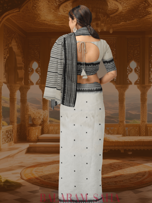 The Balaram Saha Signature: White and Black Handloom Soft Cotton Saree