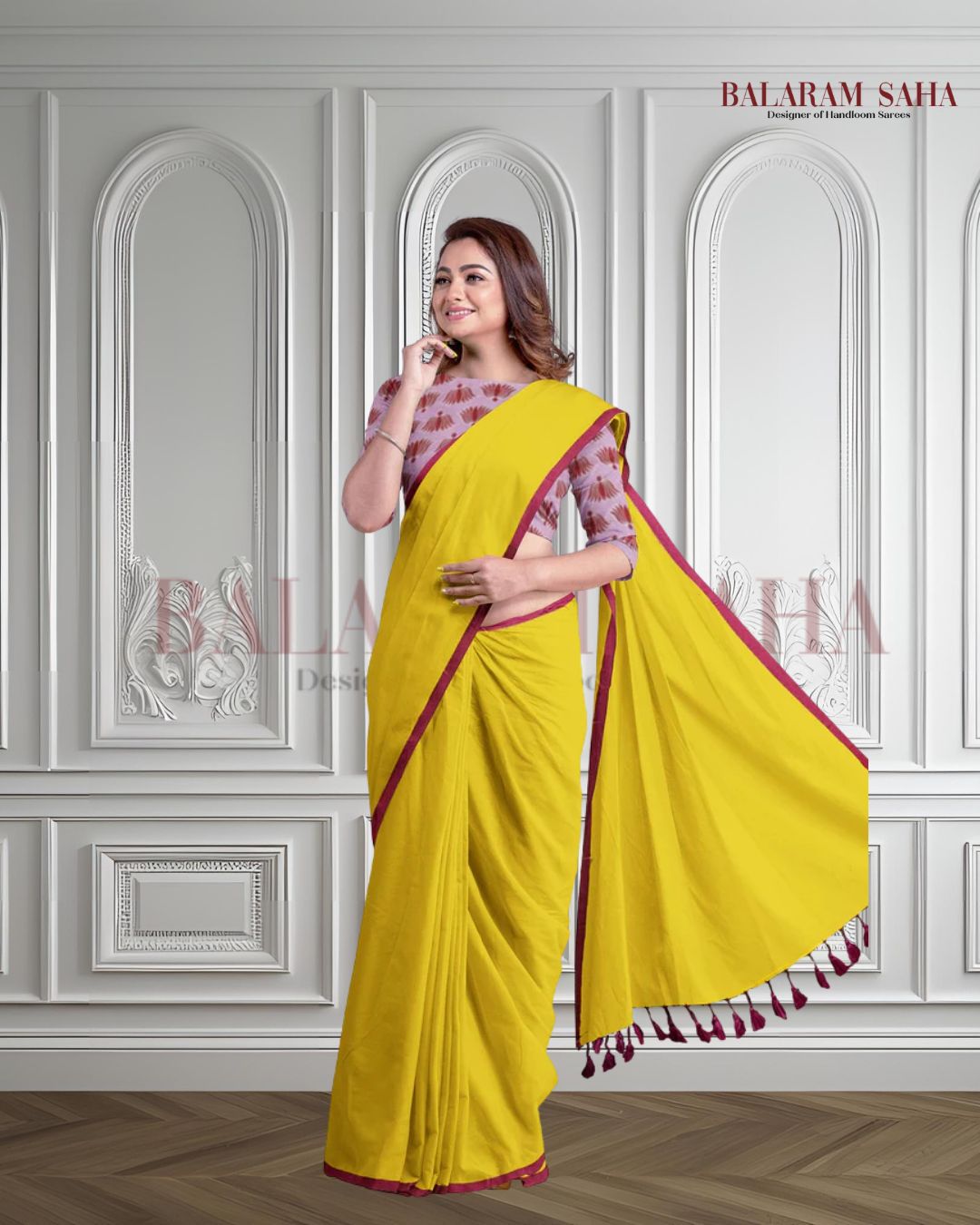 Yellow & Pink Soft Handloom Mull Cotton Saree -Balaram Saha