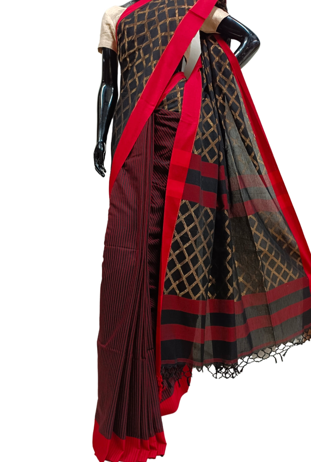 Black handloom Soft Cotton Saree With Red Border -Balaram Saha