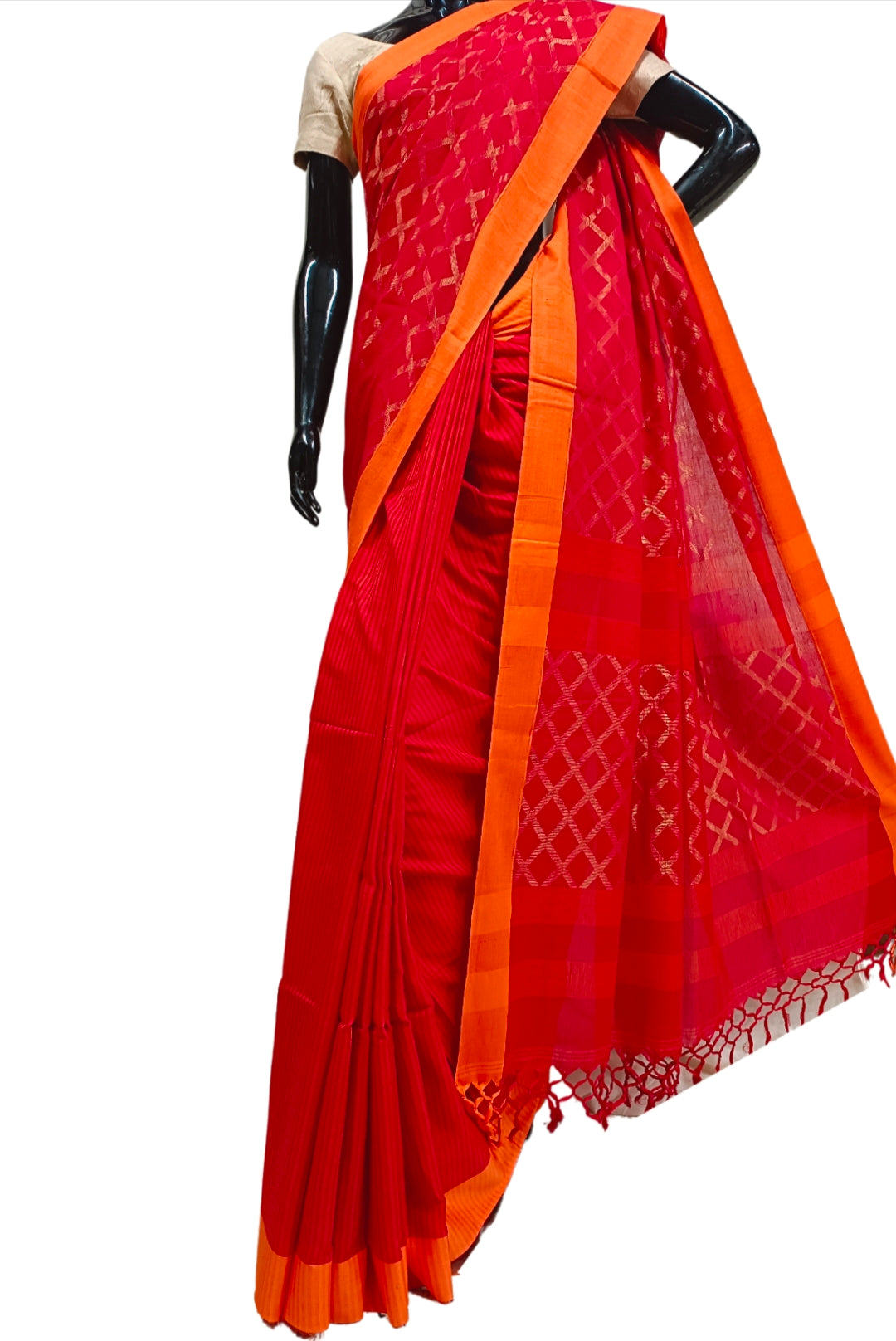 Red Handloom Soft Cotton Saree With Orang Border – Balaram Saha